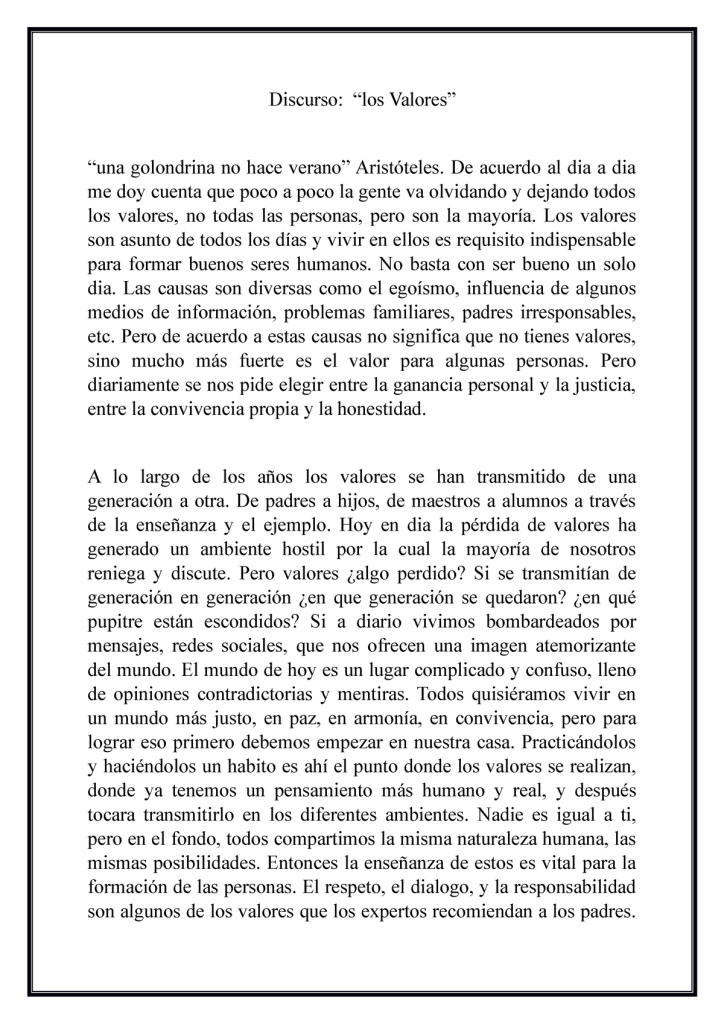 DISCURSO PARA NIÑOS SOBRE LOS VALORES 2025