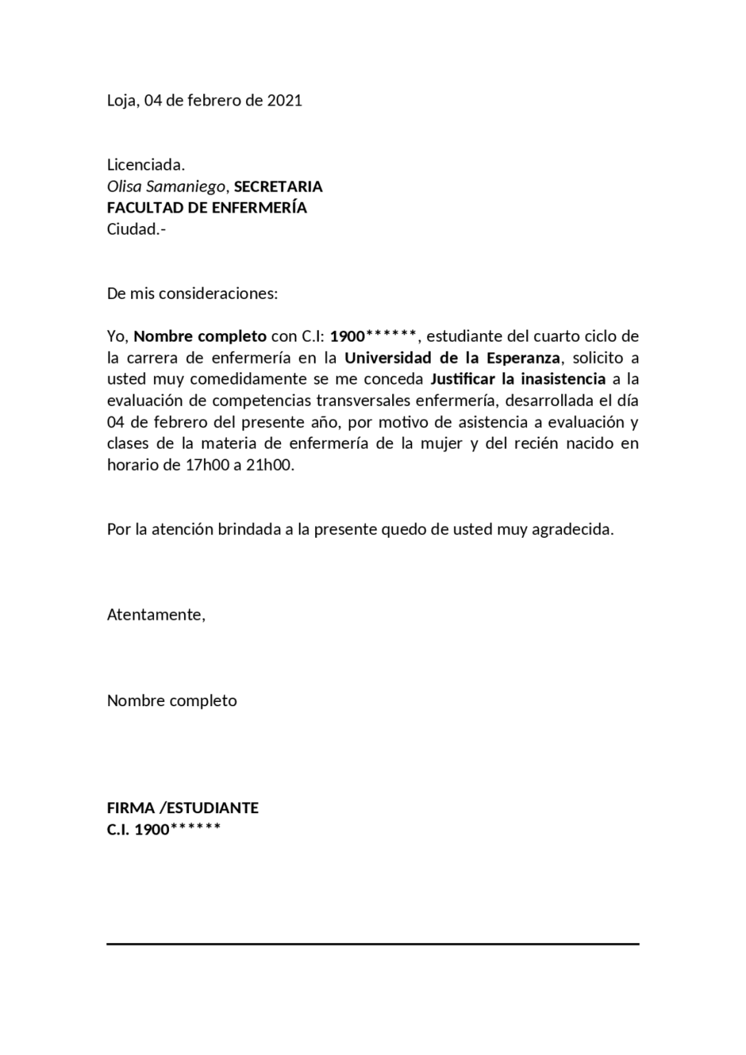 MODELO DE CARTA DE JUSTIFICACIÓN 2025