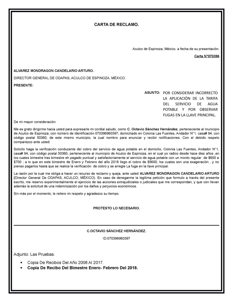 Modelo de Carta de Reclamo por Filtraciones 2025