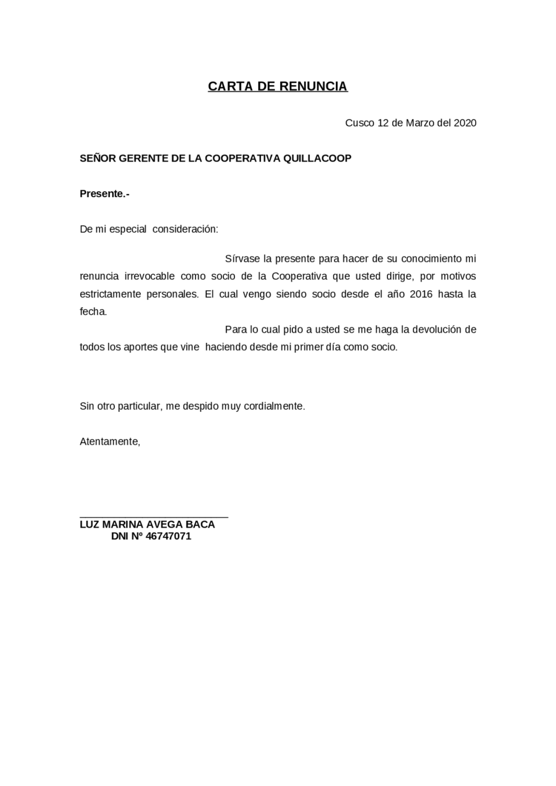 Modelo de Carta de Renuncia a Cooperativa Como Socio 2025