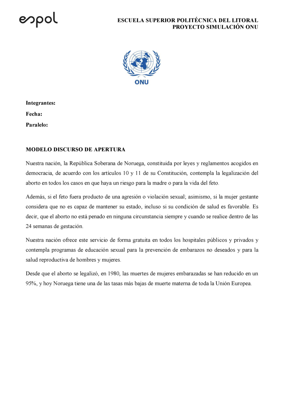 MODELO DE DISCURSO PARA LA ONU 2026