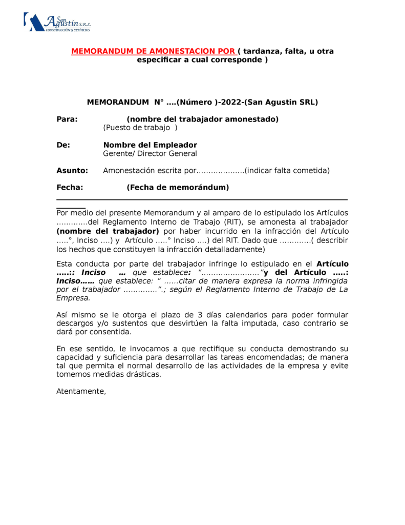 MODELO DE MEMORÁNDUM DE AMONESTACIÓN 2025