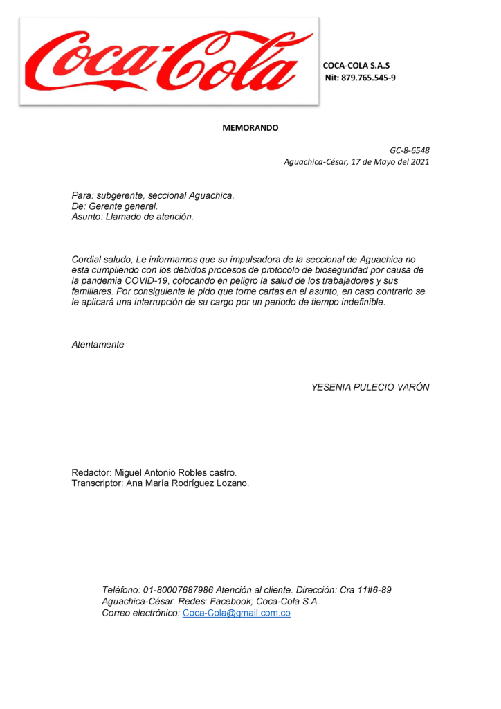 MODELO DE MEMORANDUM DE LA EMPRESA COCA COLA 2025